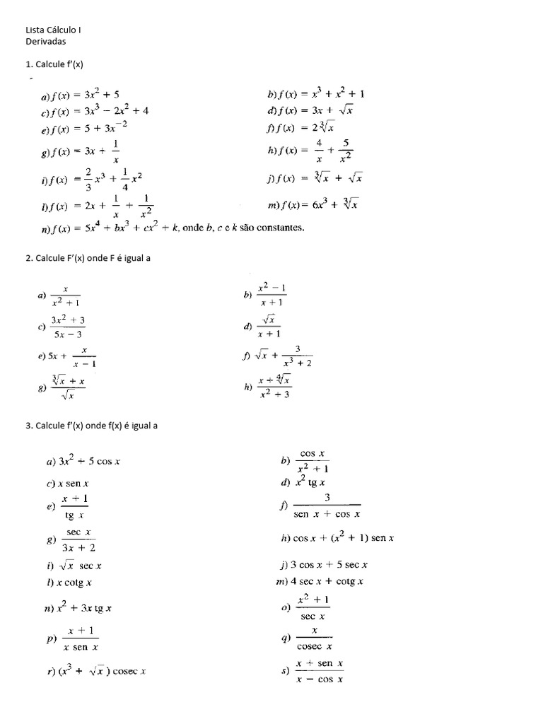 Exercícios de Derivadas em Cálculo I | PDF
