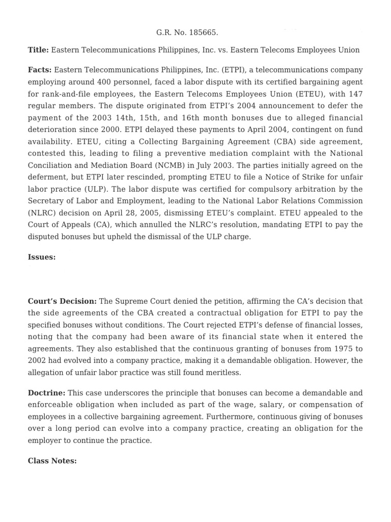 5-Eastern Telecom Phils., Case Digest | PDF | Employment | Collective Bargaining