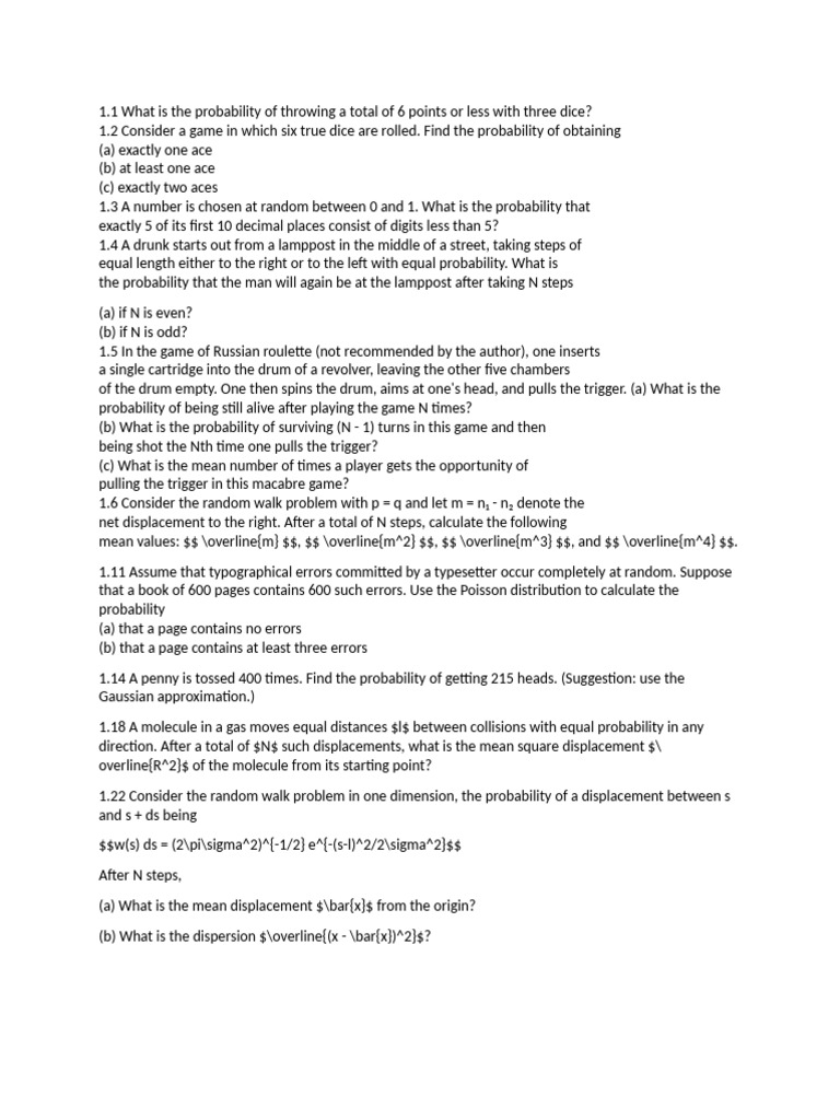 Probability Problems with Dice and Random Walks | PDF