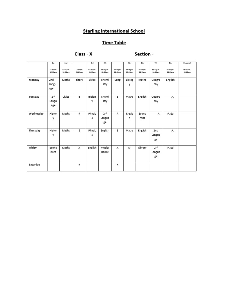 Class X Timetable at Starling School | PDF