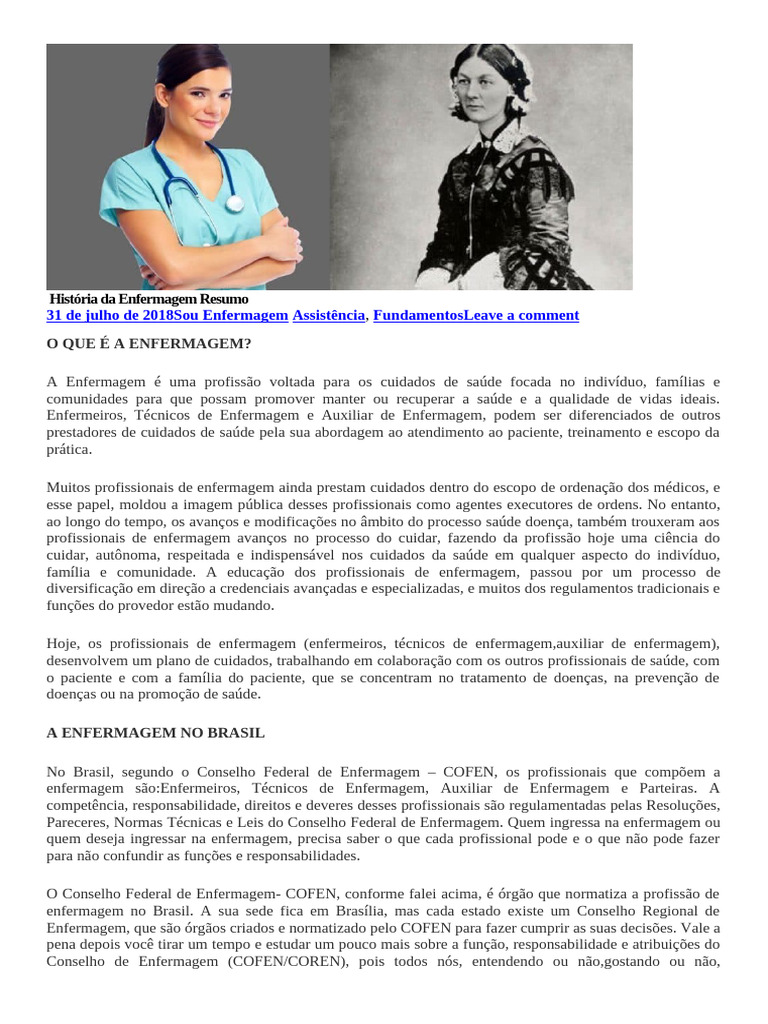 História Da Enfermagem Resumo | PDF | Florence Nightingale | Enfermagem