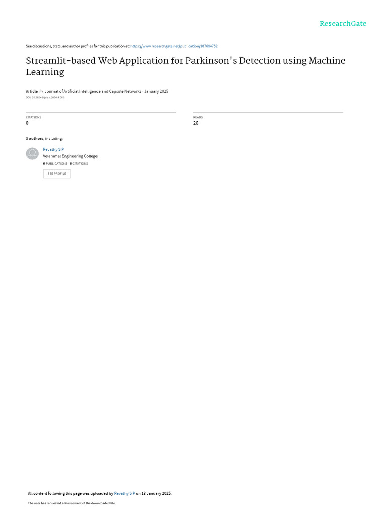 Streamlit-Based Web Application For Parkinson's Detection Using Machine Learning | PDF | Support ...