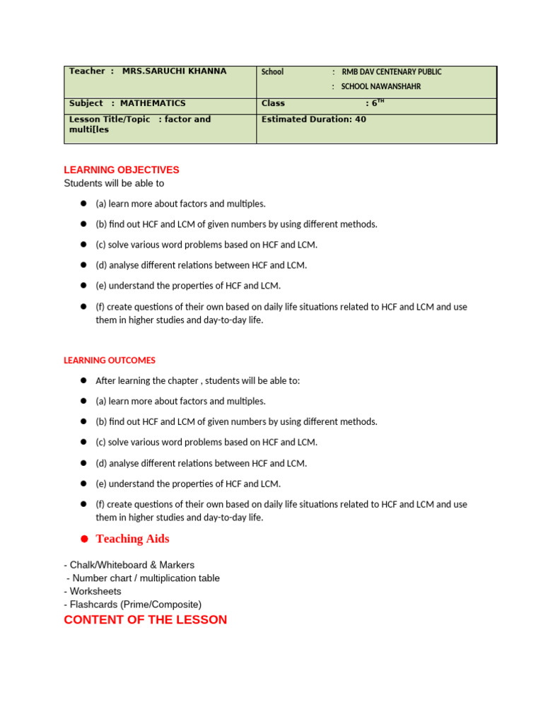 Factors and Multiples Lesson Plan | PDF | Prime Number | Numbers