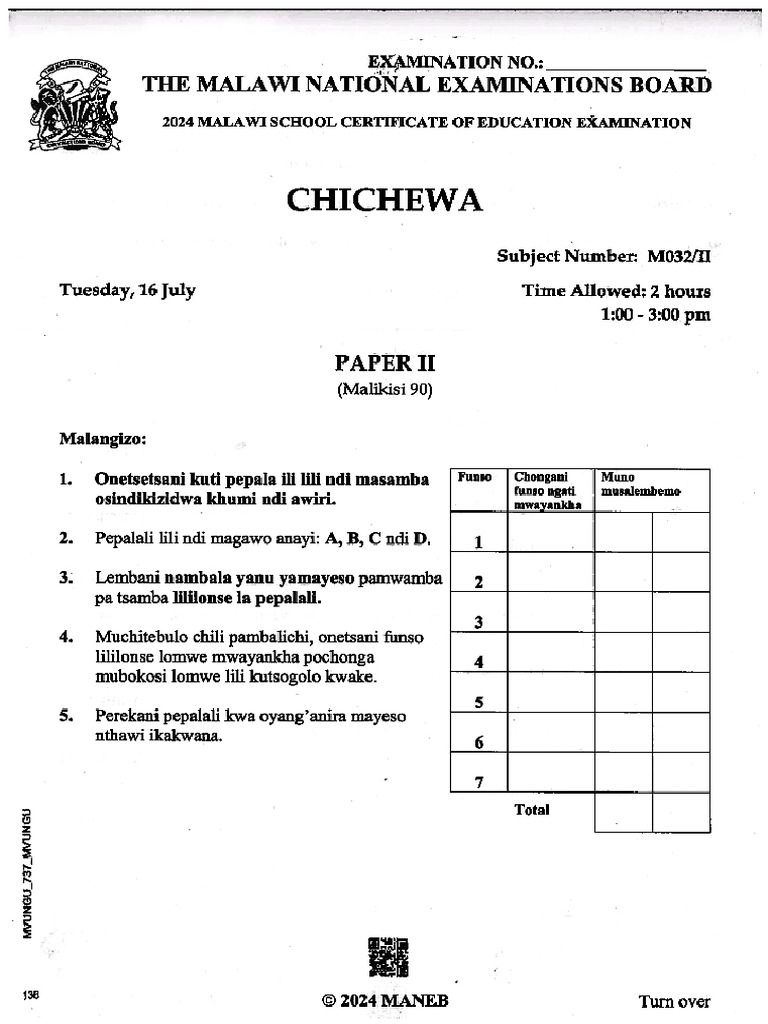 2024 Chichewa 2 Past Paper | PDF