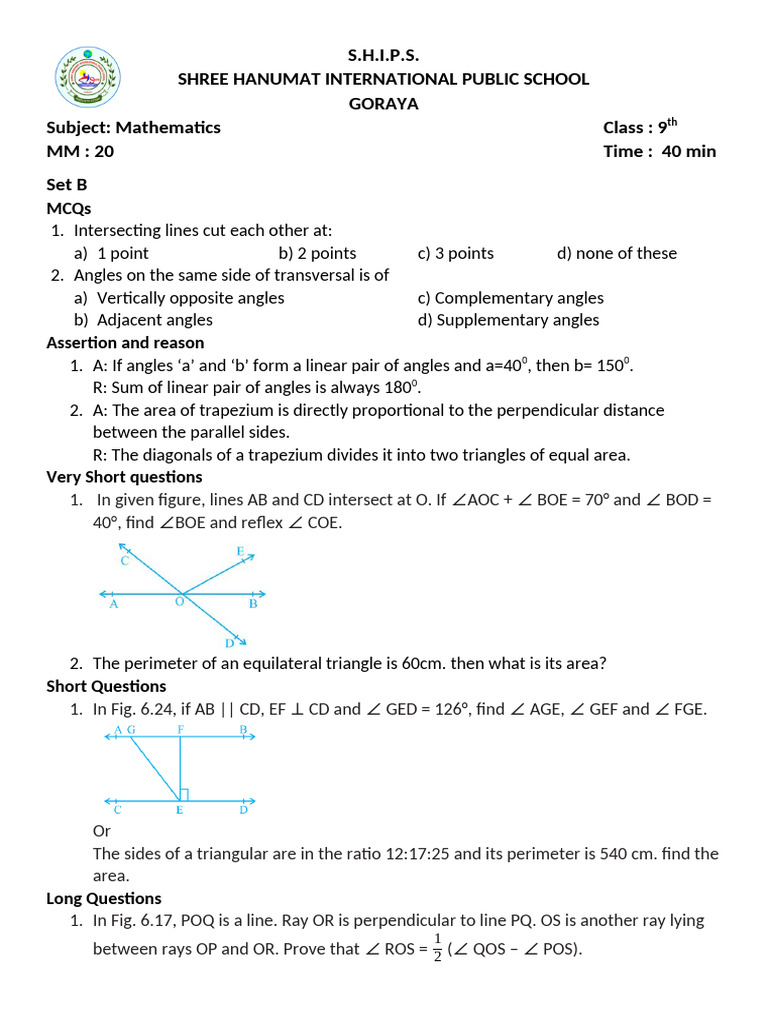 Class 9th UT 2 Set B CH Herons, Lines & Angles | PDF
