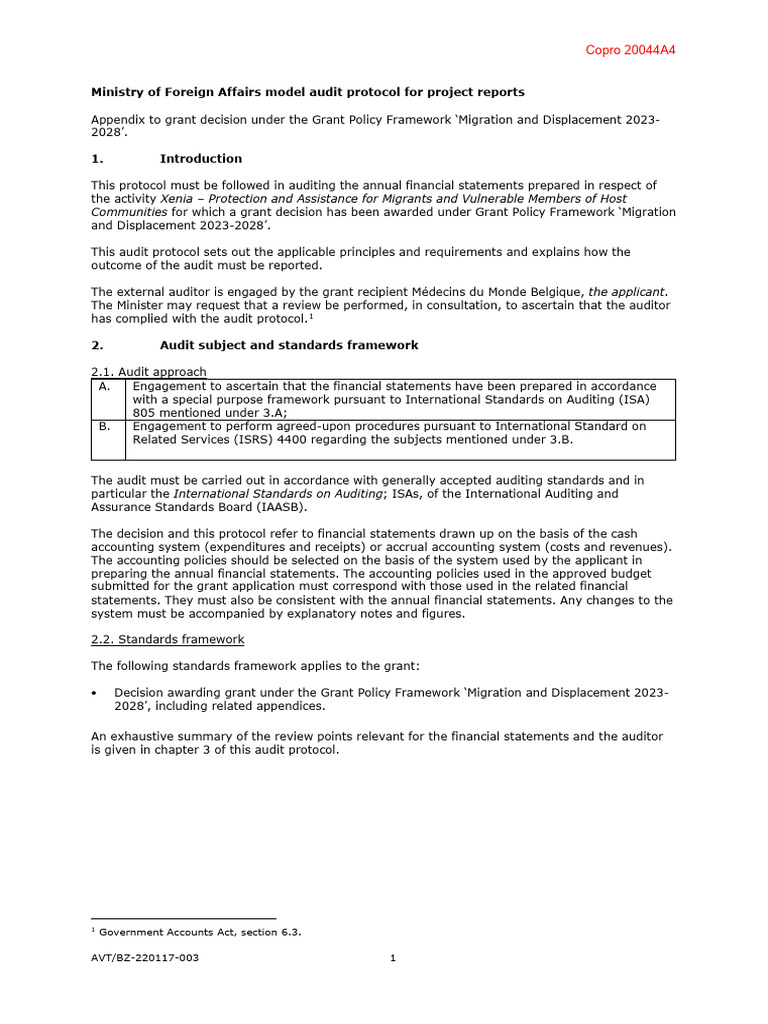 Audit Protocol - Grant Policy Framework 'Migration and Displacement 2023-2028' 24-0000565 MdM BE ...