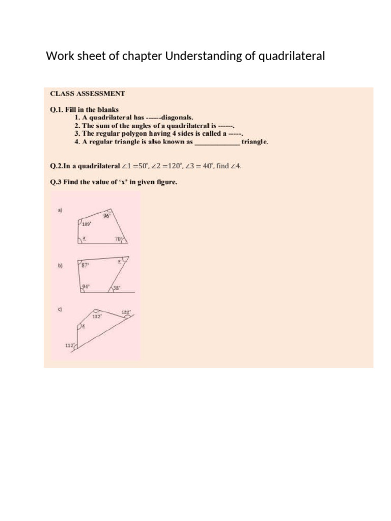 Work Sheet of Chapter Understanding of Quadrilateral | PDF