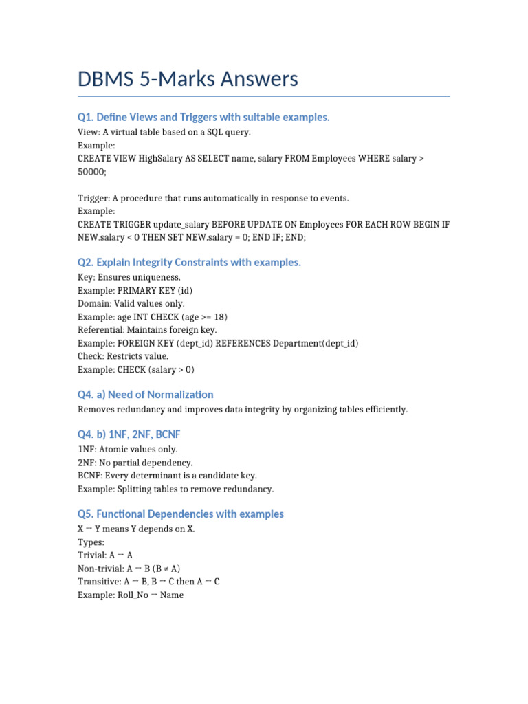 DBMS 5 Marks Answers | PDF