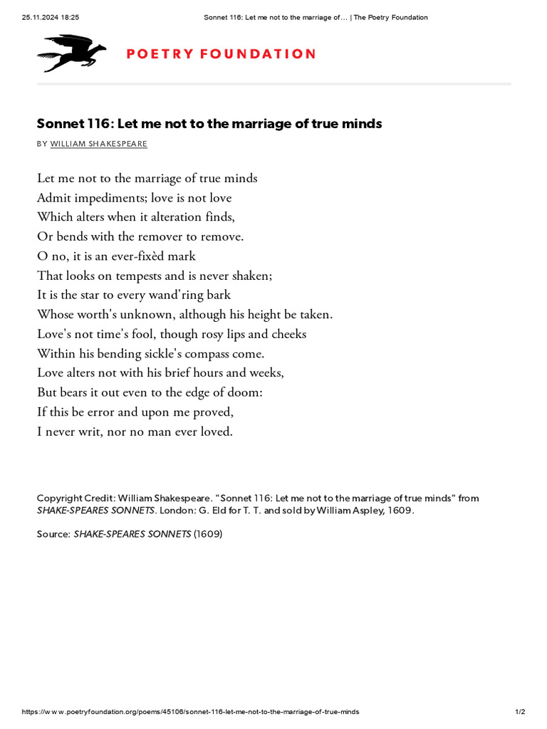 Sonnet 116 - Let Me Not To The Marriage of - The Poetry Foundation | PDF