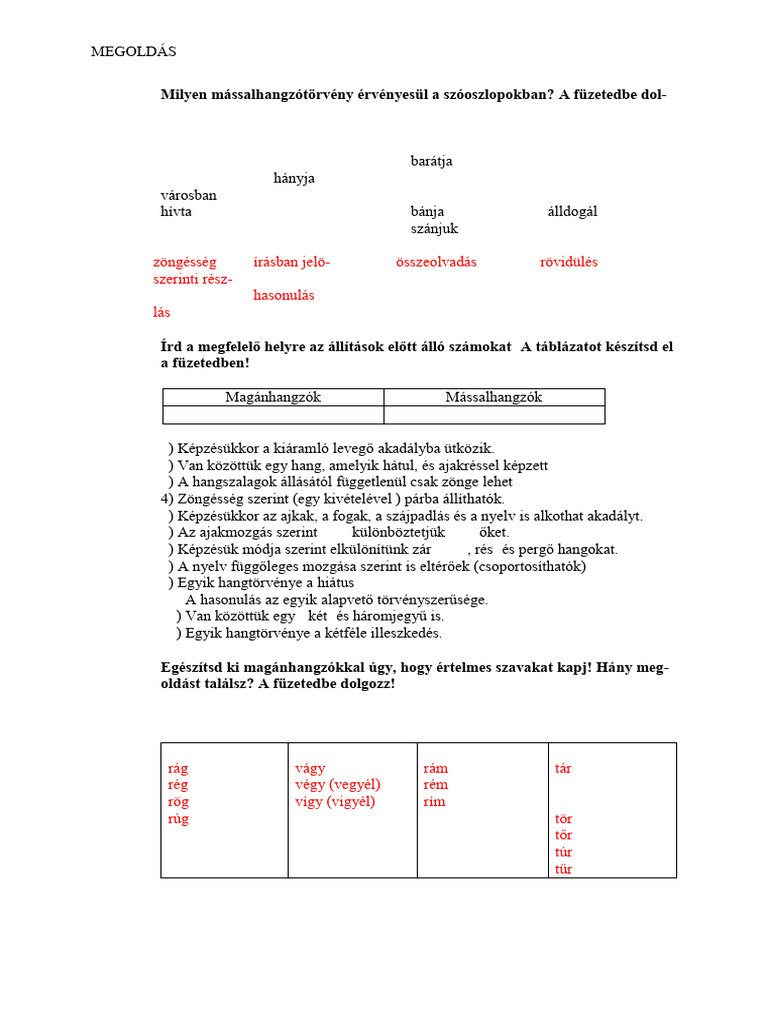Megoldás Gyakorló Feladatok - Hangtörvények 5. | PDF