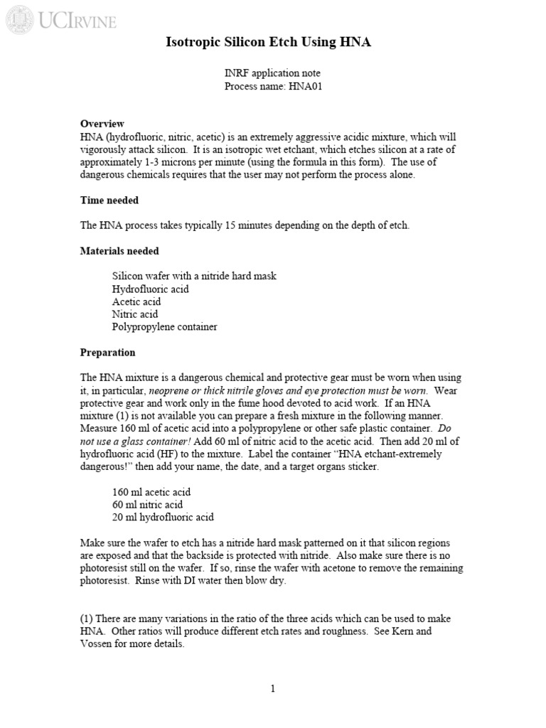 Sop Wet Isotropic Si Etch Using Hna | PDF | Materials | Industrial Processes