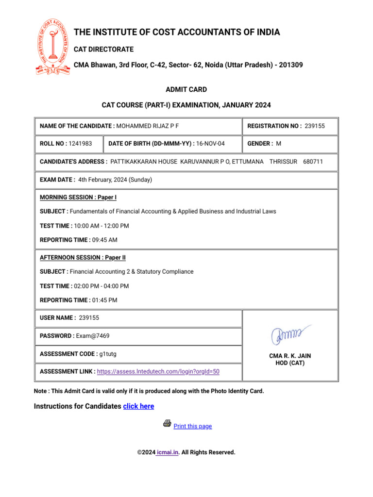 CMA CAT Exam Admit Card January 2024 | PDF