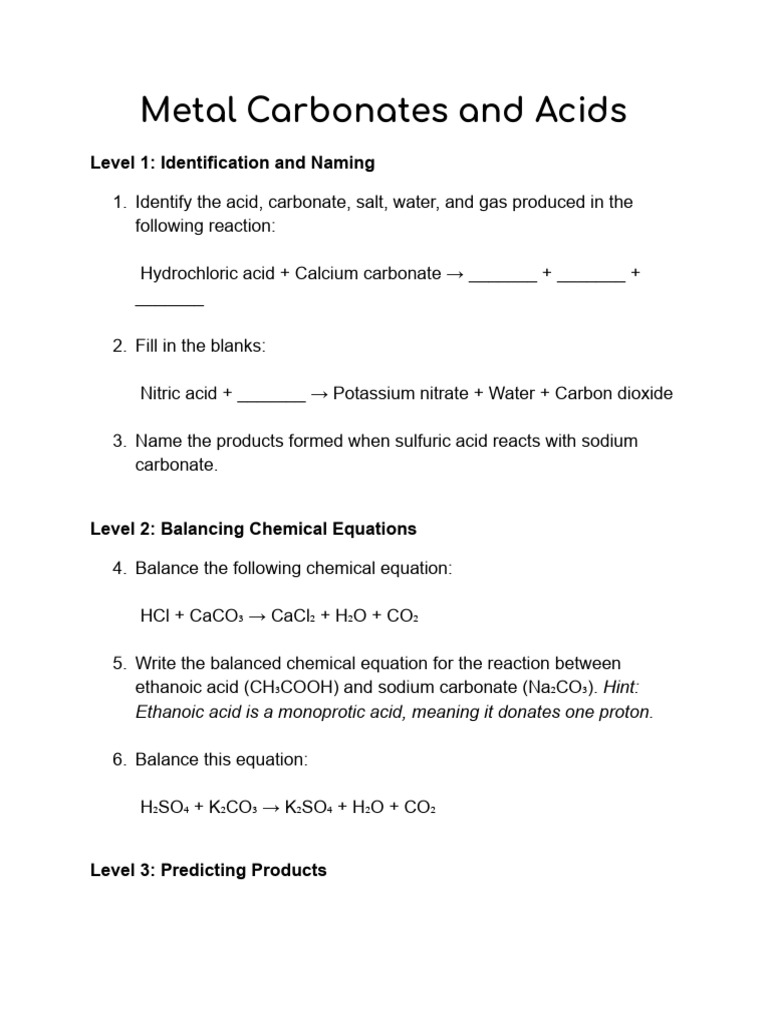 Metal Carbonates and Acids - Quiz | PDF | Acid | Carbonate