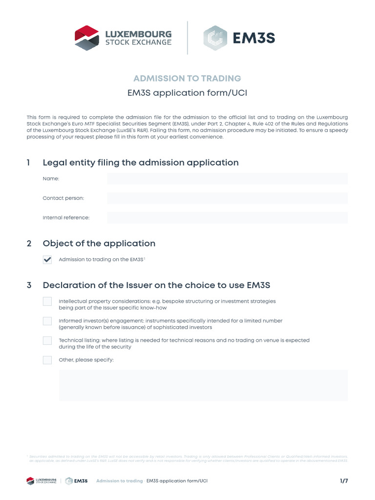 LuxSE_APPLICATION_FORM_EM3S_UCI | PDF | Securities (Finance)