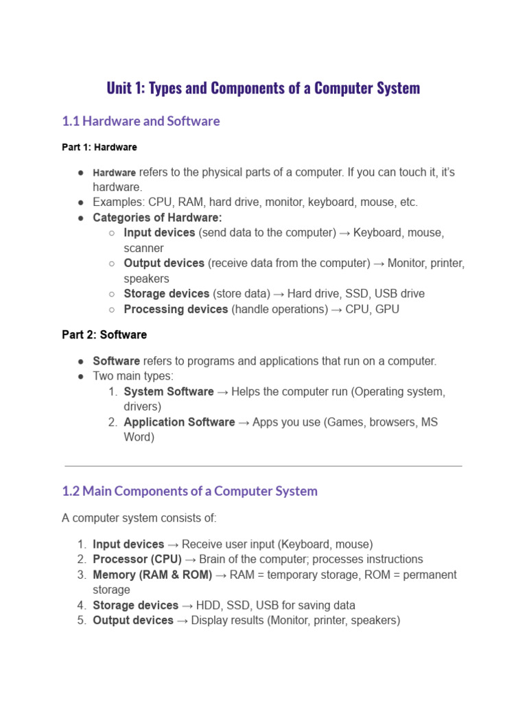 Unit 1 - Types and Components of A Computer System | PDF | Operating ...