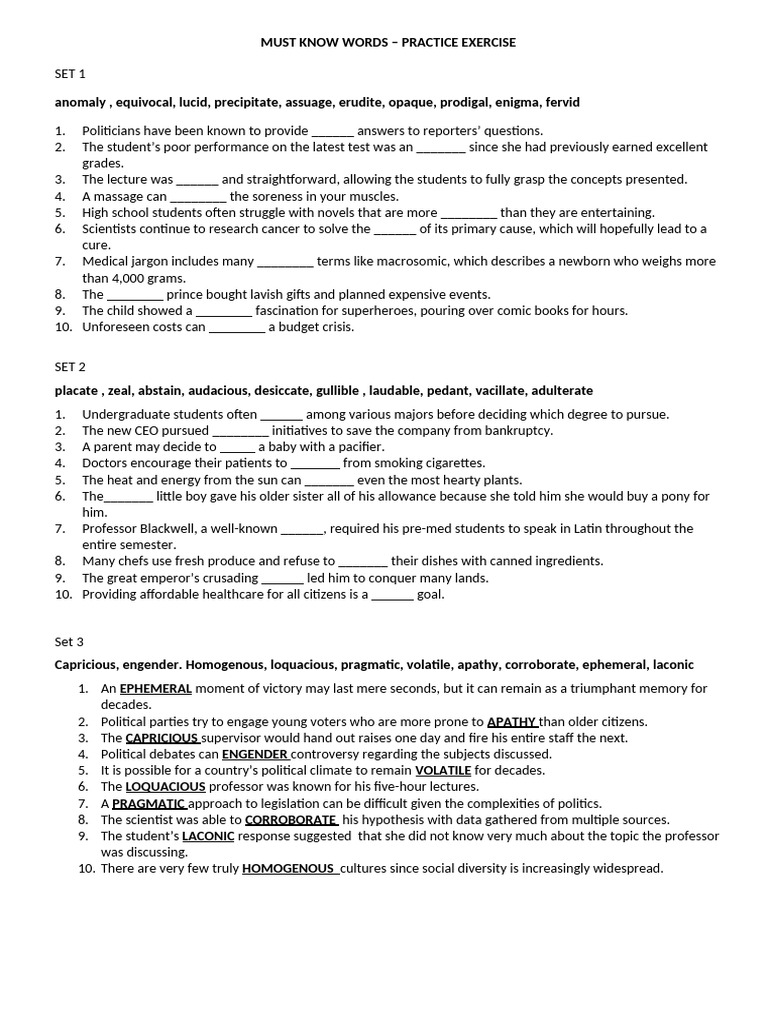 MUST KNOW WORDS Practice Execise 1wa | PDF