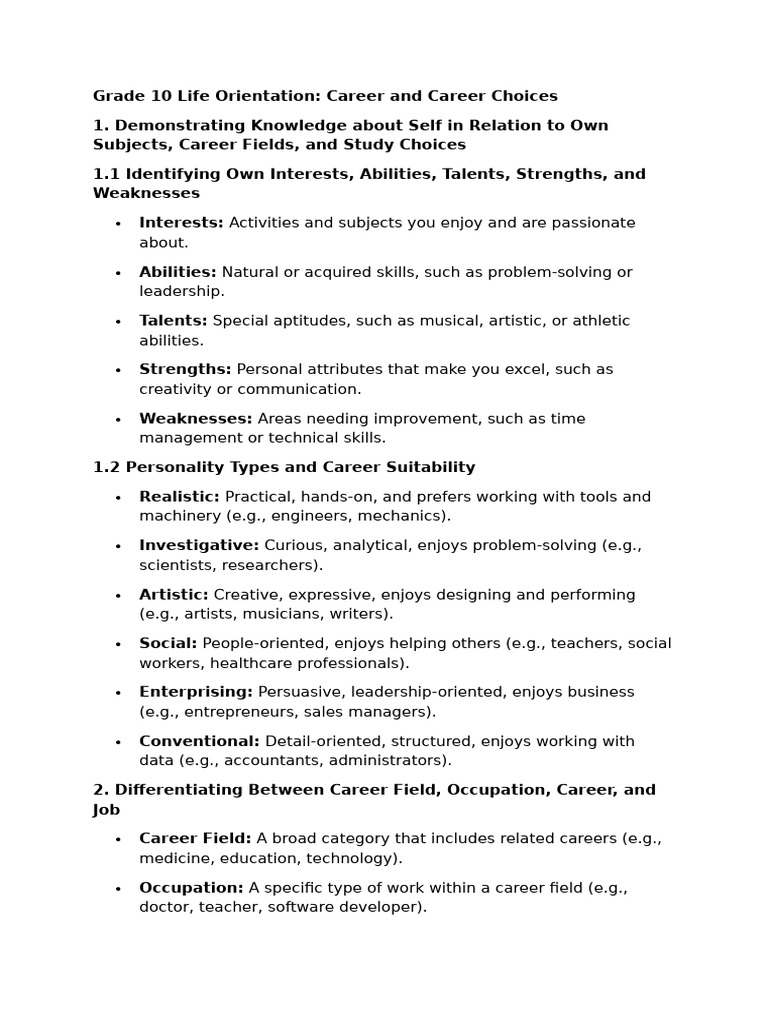 Grade 10 Life Orientation Career and Career Choices - 121349 | PDF