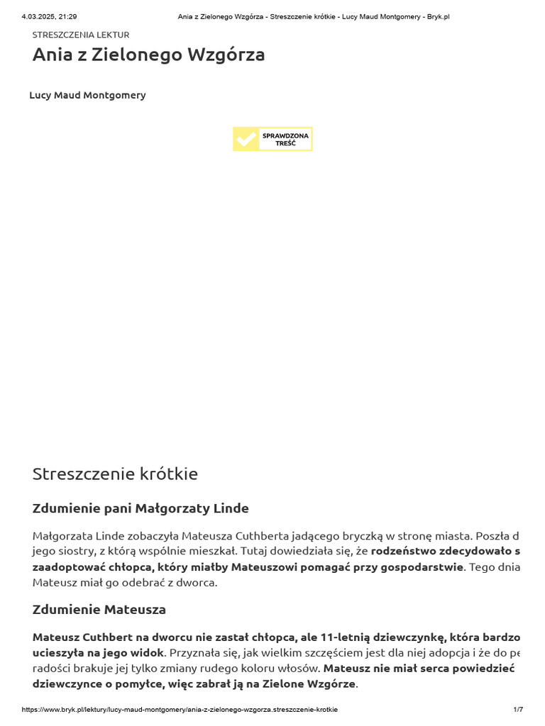 Ania Z Zielonego Wzgórza - Streszczenie Krótkie - Lucy Maud Montgomery - Bryk - PL | PDF