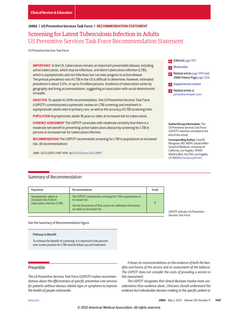 LTBI Screening Recommendations for Adults | PDF | Tuberculosis ...