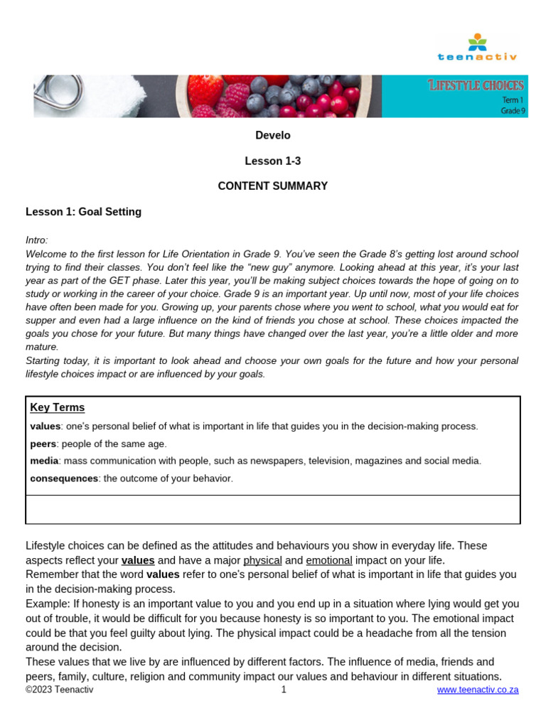 Grade 9 Life Orientation: Goal Setting & Choices | PDF | Behavior ...