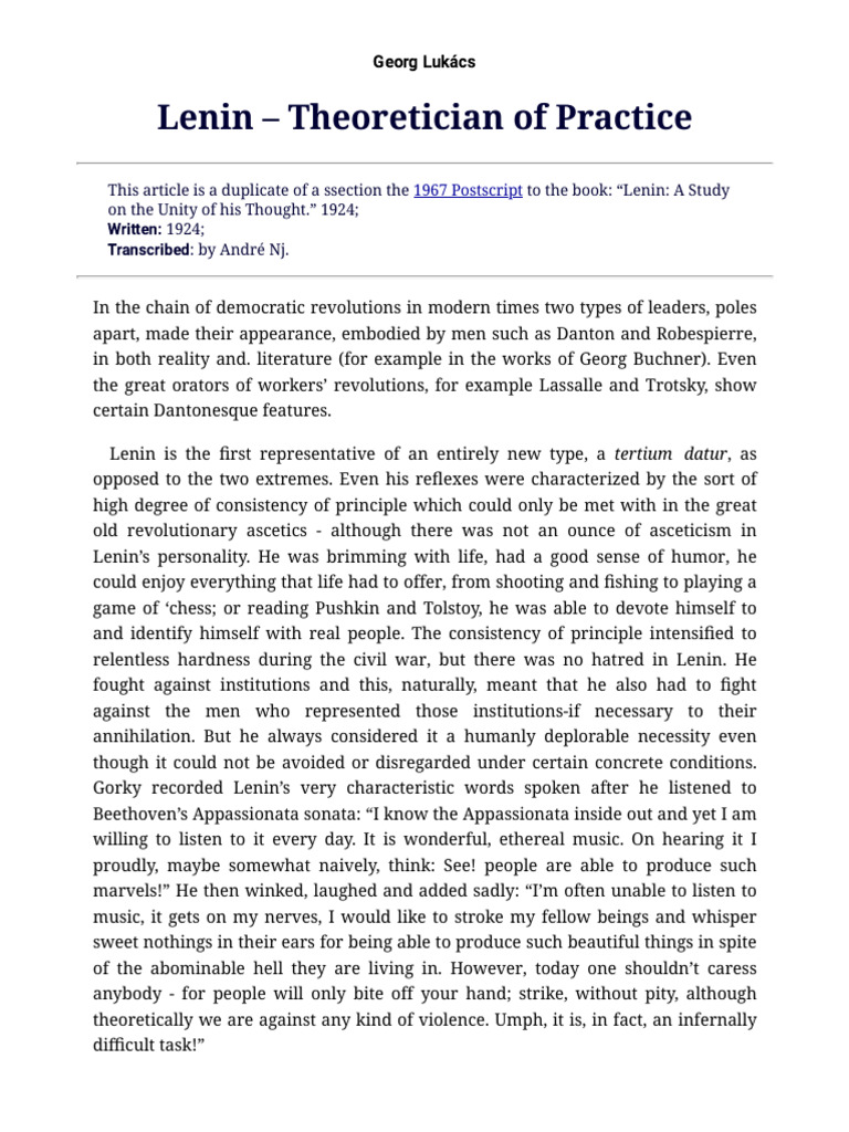 Lenin - Theoretician of Practice by Georg Lukacs 1924 | PDF | Vladimir ...