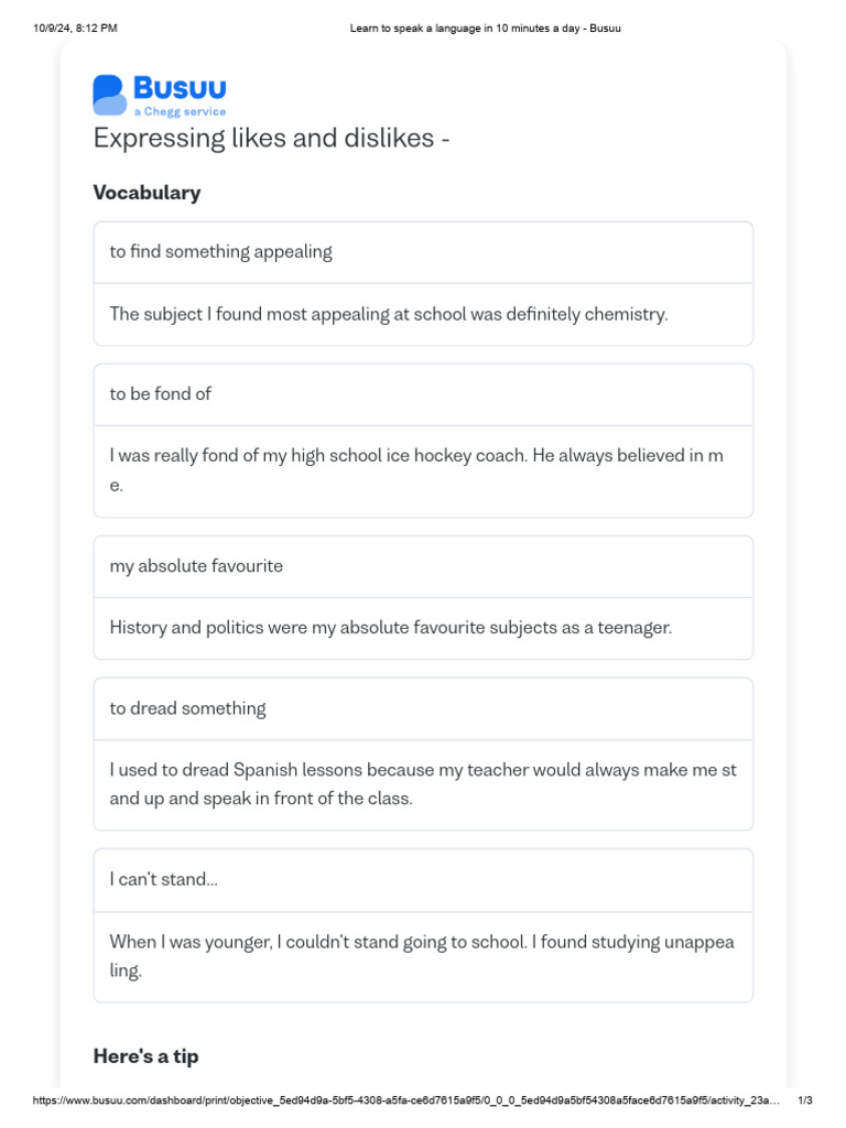 Expressing Likes and Dislikes - Busuu | PDF | Vocabulary | Verb