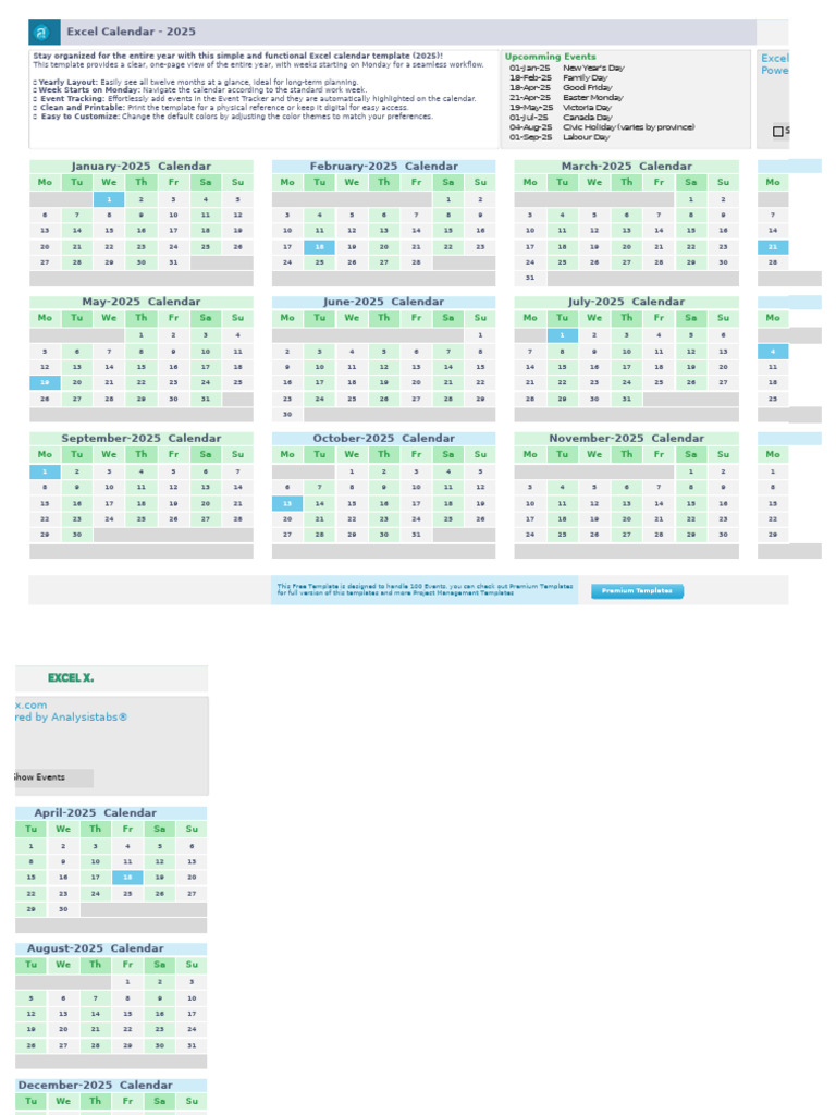 2025 Excel Calendar With Canada Holidays | PDF | Download | Microsoft Excel