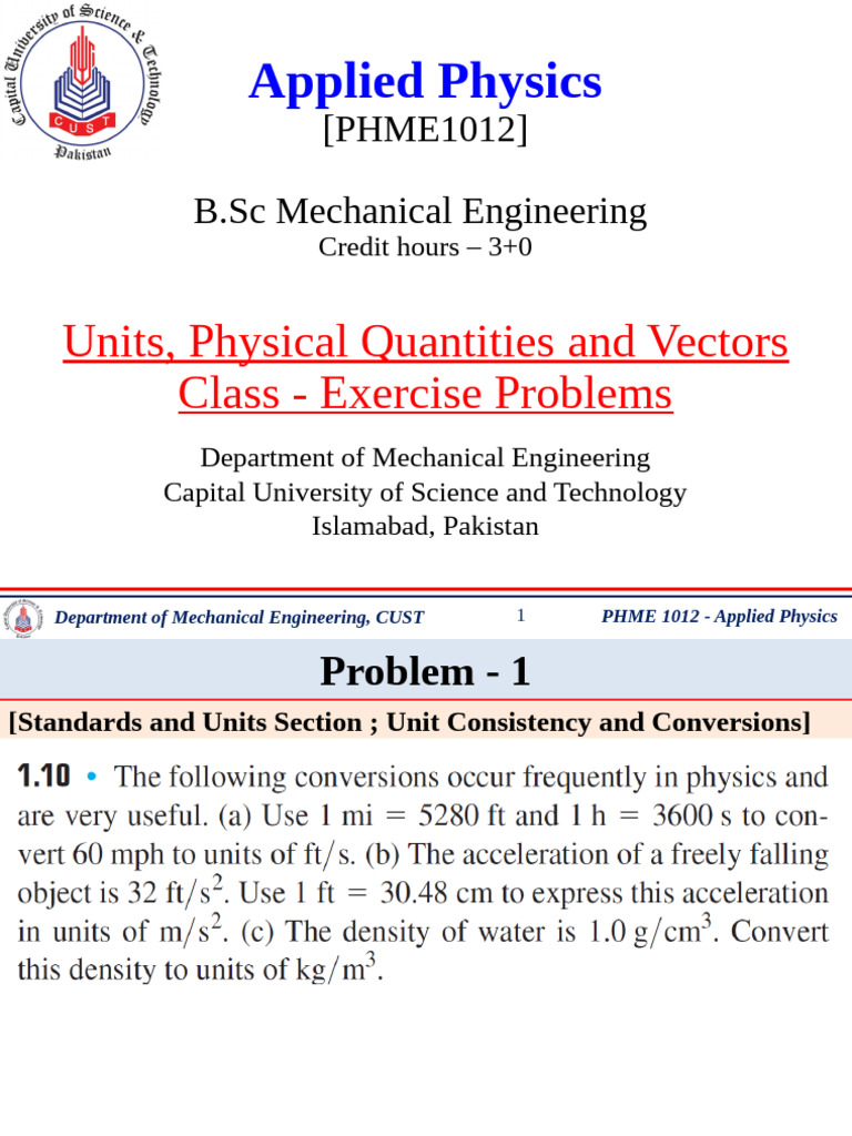 Units, Physical Quantities and Vectors Exercise Problems | PDF