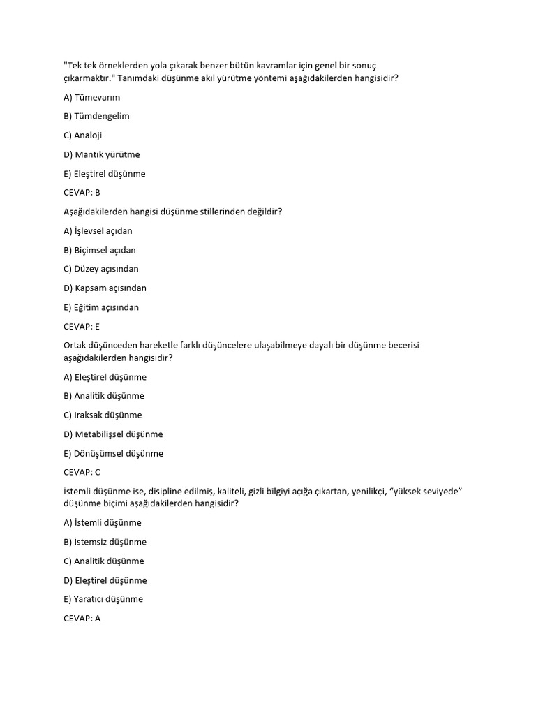 Eleştirel Ve Analitik Düşünme Quiz Ve Vize Soruları | PDF