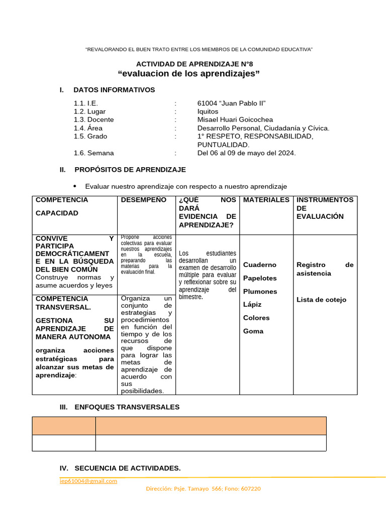 SESION 08 DPCC 1° Evaluacion de Los Aprendizajes | PDF | Maestros | Aprendizaje
