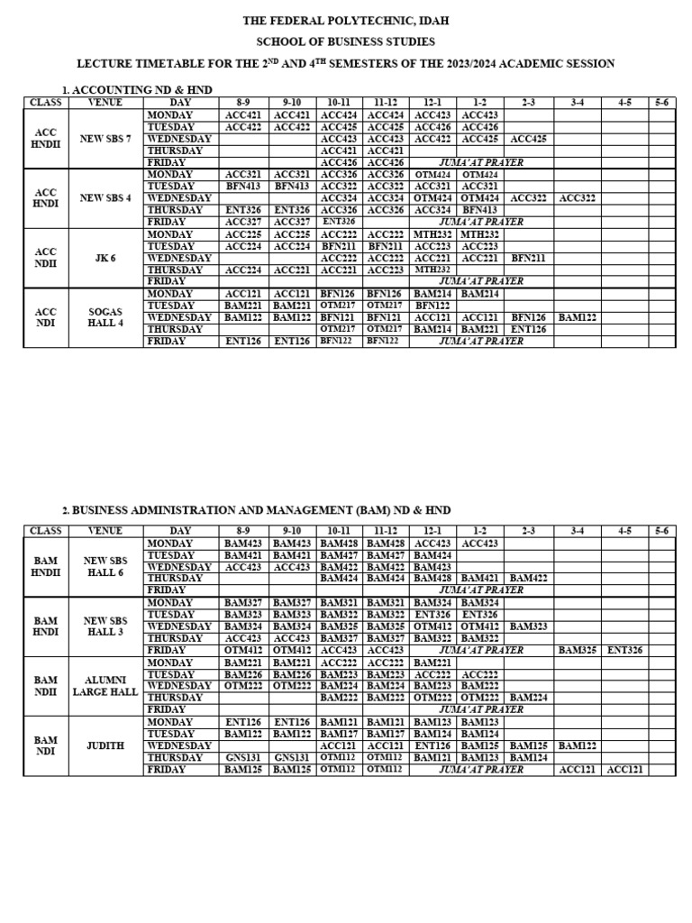 Lecture Timetable for the 2nd and 4th Semesters of the 2023 and 2024 Academic Session | PDF