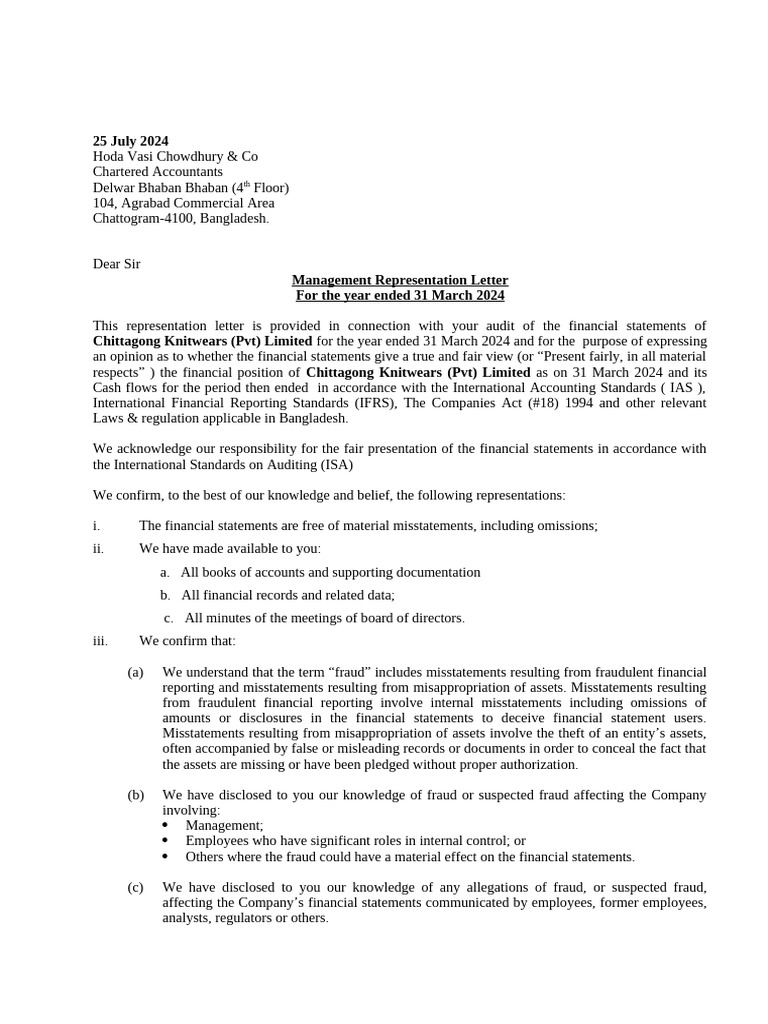 Management Representation Letter of CKPL AC's | PDF | Internal Control ...