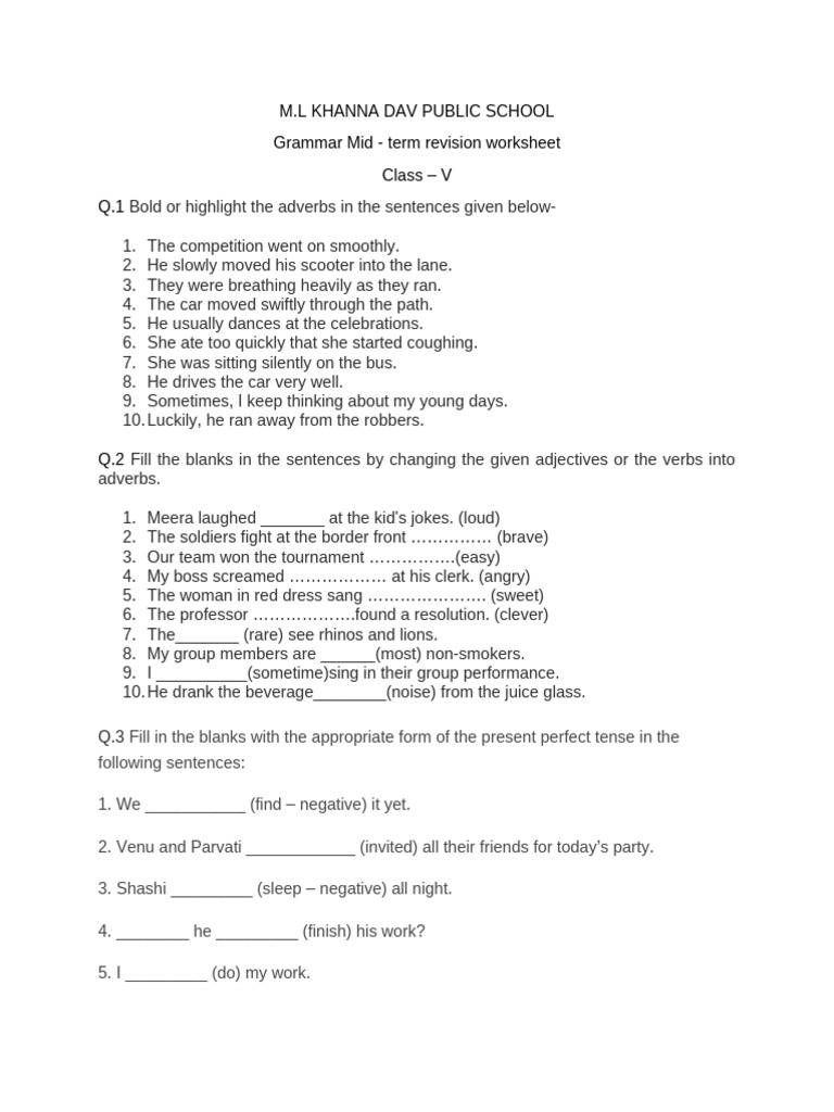 Grammar Rev Ws Class V Mid Term | PDF | Adverb | Languages