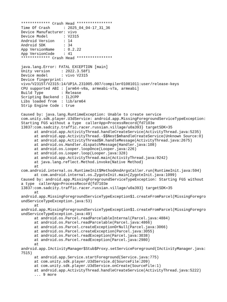 Unity Crash on Vivo V2315 Device | PDF | Android (Operating System) | Java (Programming Language)
