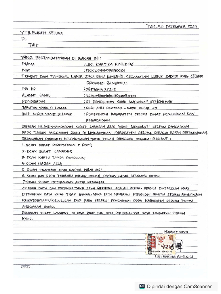 Surat Lamaran p3k Lusi | PDF