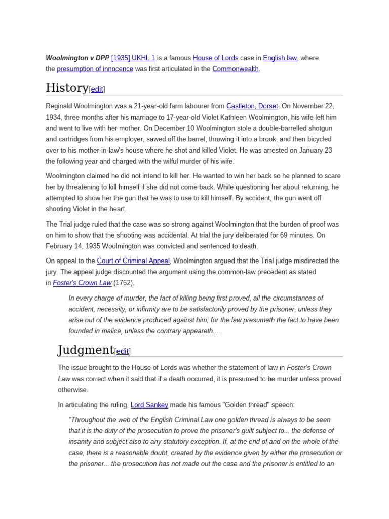 Woolmington V DPP (1935) UKHL 1 | PDF | Criminal Justice | Crime & Violence