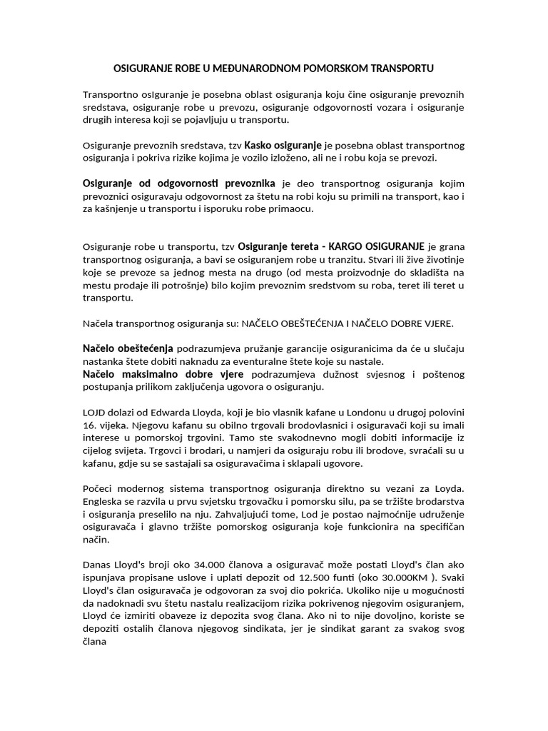 Osiguranje Robe U Međ Pomorskom Transportu | PDF