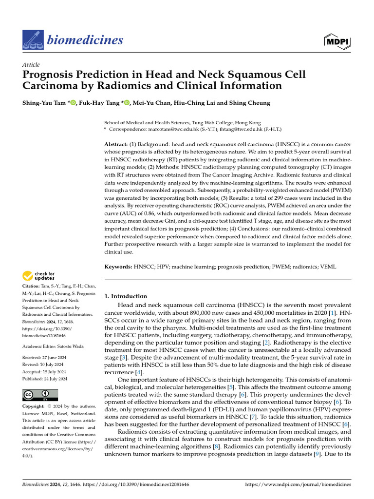 Prognosis Prediction in Head and Neck Squamous Cell Carcinoma by ...