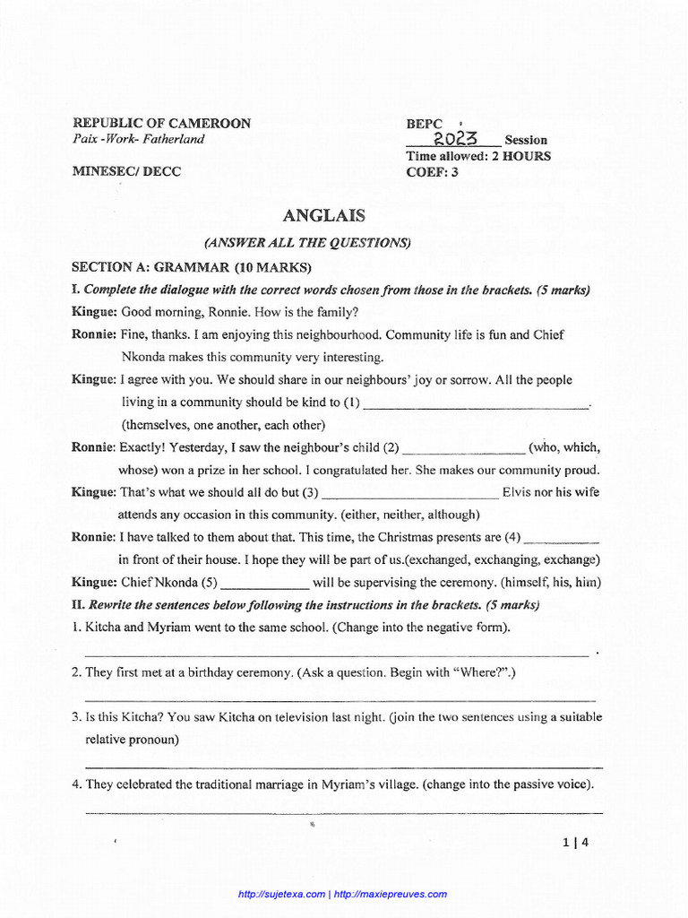 BEPC-2023 Plus corri-ANGLAIS | PDF