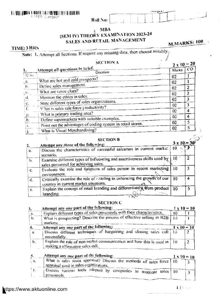 Mba 4 Sem Sales and Retail Management Kmbnmk04 Jul 2024 | PDF