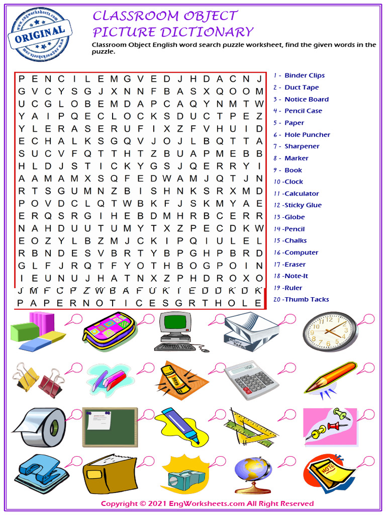 Classroom Object English Word Search Puzzle Worksheet Find The Given ...