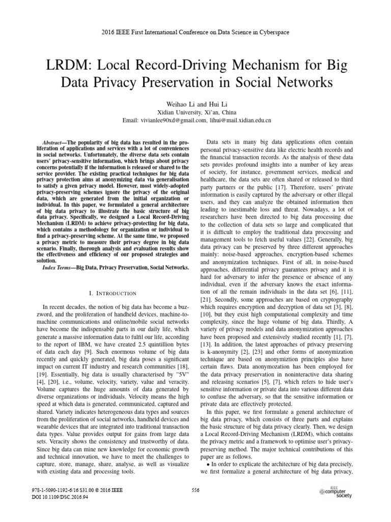 LRDM Local Record-Driving Mechanism For Big Data Privacy Preservation in Social Networks | PDF ...