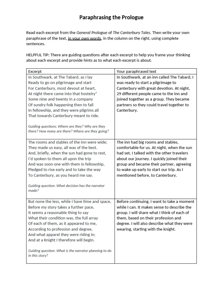 2024 de ST Aubin Gracia English III203 AParaphrasingthe Prologue | PDF