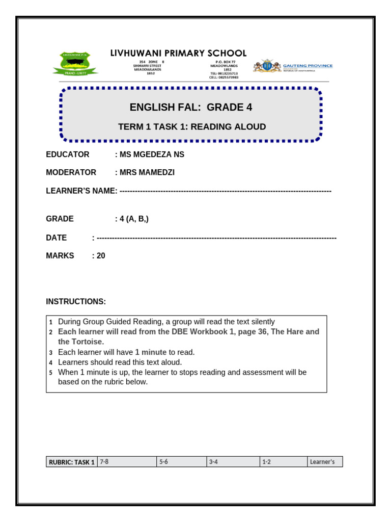 Grade 4 English FAL Reading Assessment | PDF | Stress (Linguistics ...