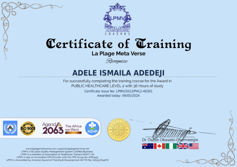 Certificate For Adele Ismaila Adedeji | PDF