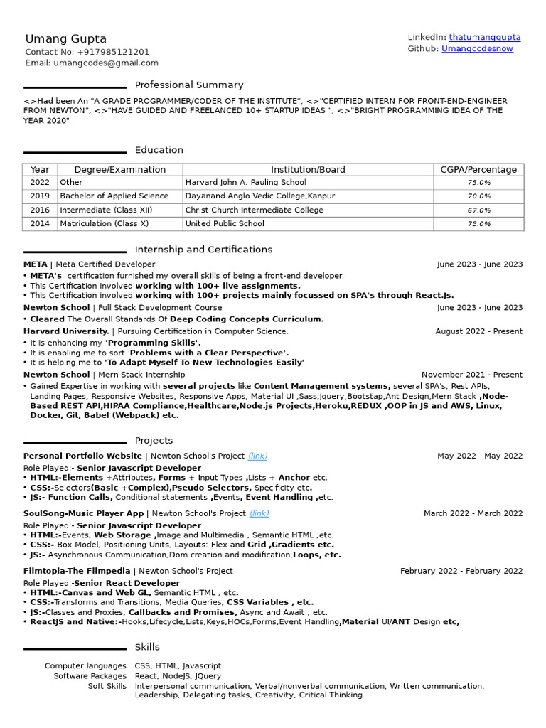 Updated Resume Umang Gupta v2 | PDF | Java Script | Computing