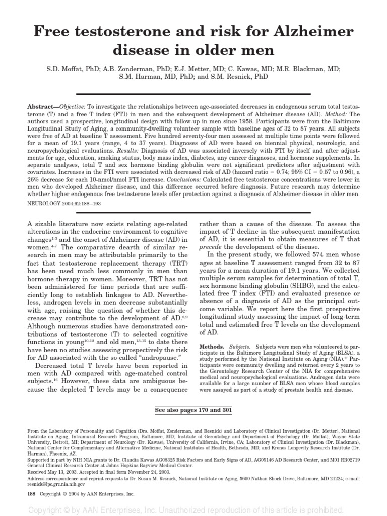Free Testosterone and Risk For Alzheimer Disease in Older Men | PDF ...