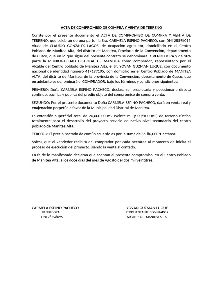 Acta de Compromiso de Compra y Venta de Terreno | PDF