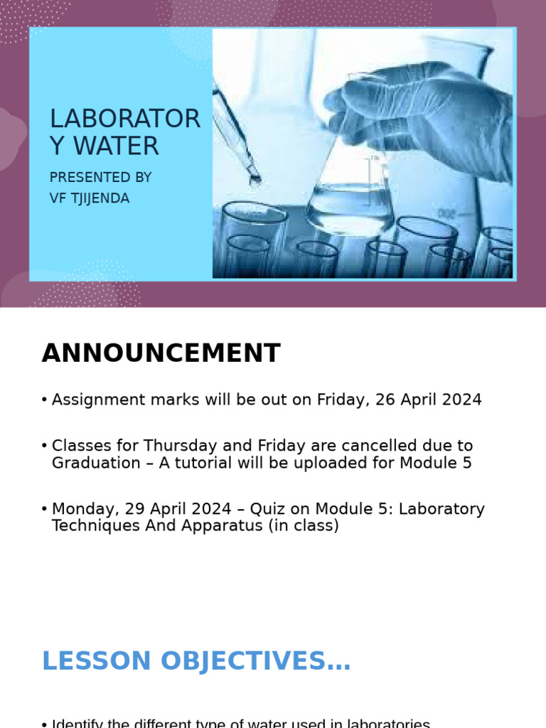 Laboratory Water Lecture 2024 | PDF | Purified Water | Water