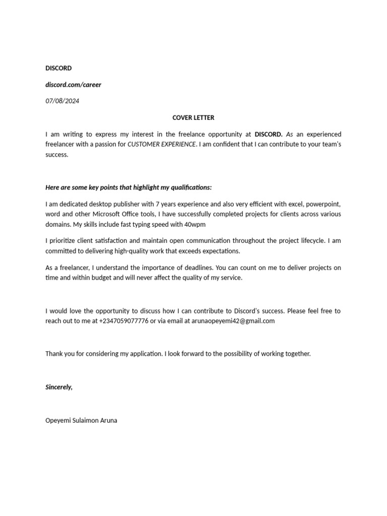 Cover Letter Discord | PDF
